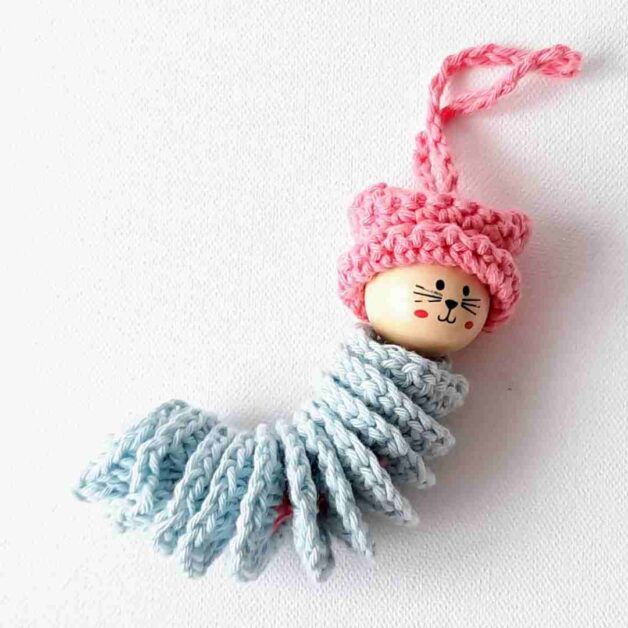 Kitty With A Cat Hat (Worry Worm With Wooden Head) Crochet Pattern PDF
