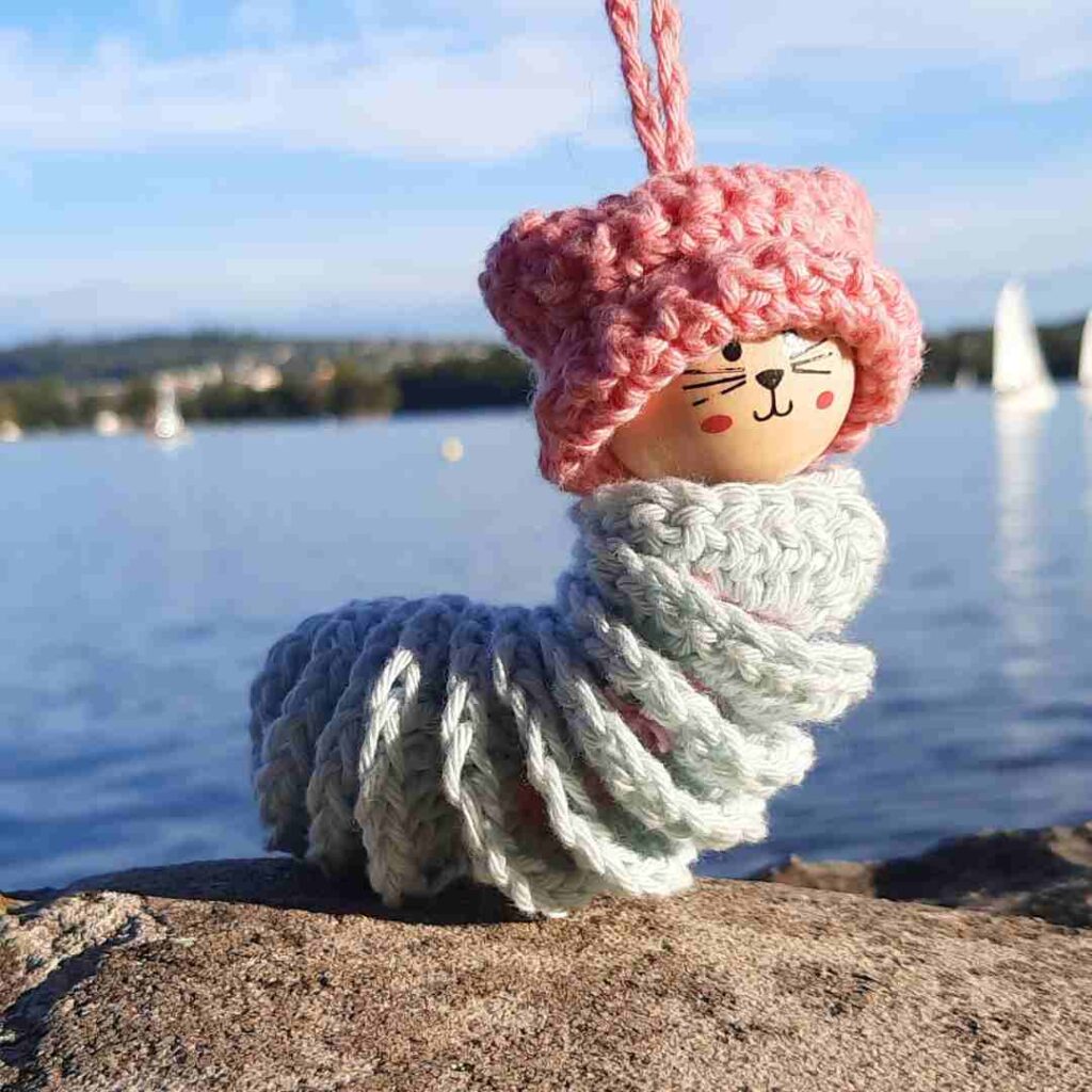 Kitty With A Cat Hat (Worry Worm With Wooden Head) Crochet Pattern PDF