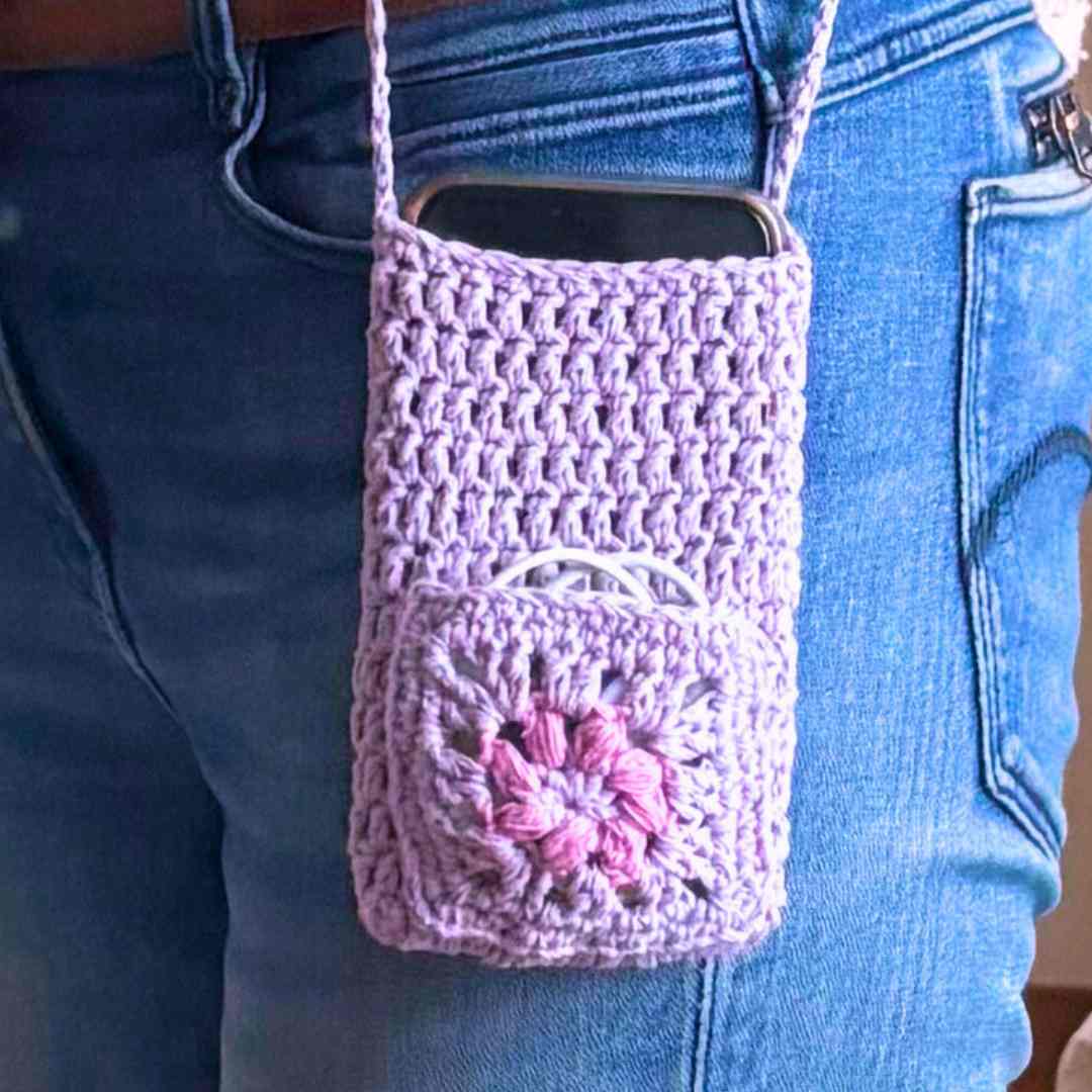 Easy Crochet Phone Pouch Pattern PDF With Granny Puff Flower Pocket
